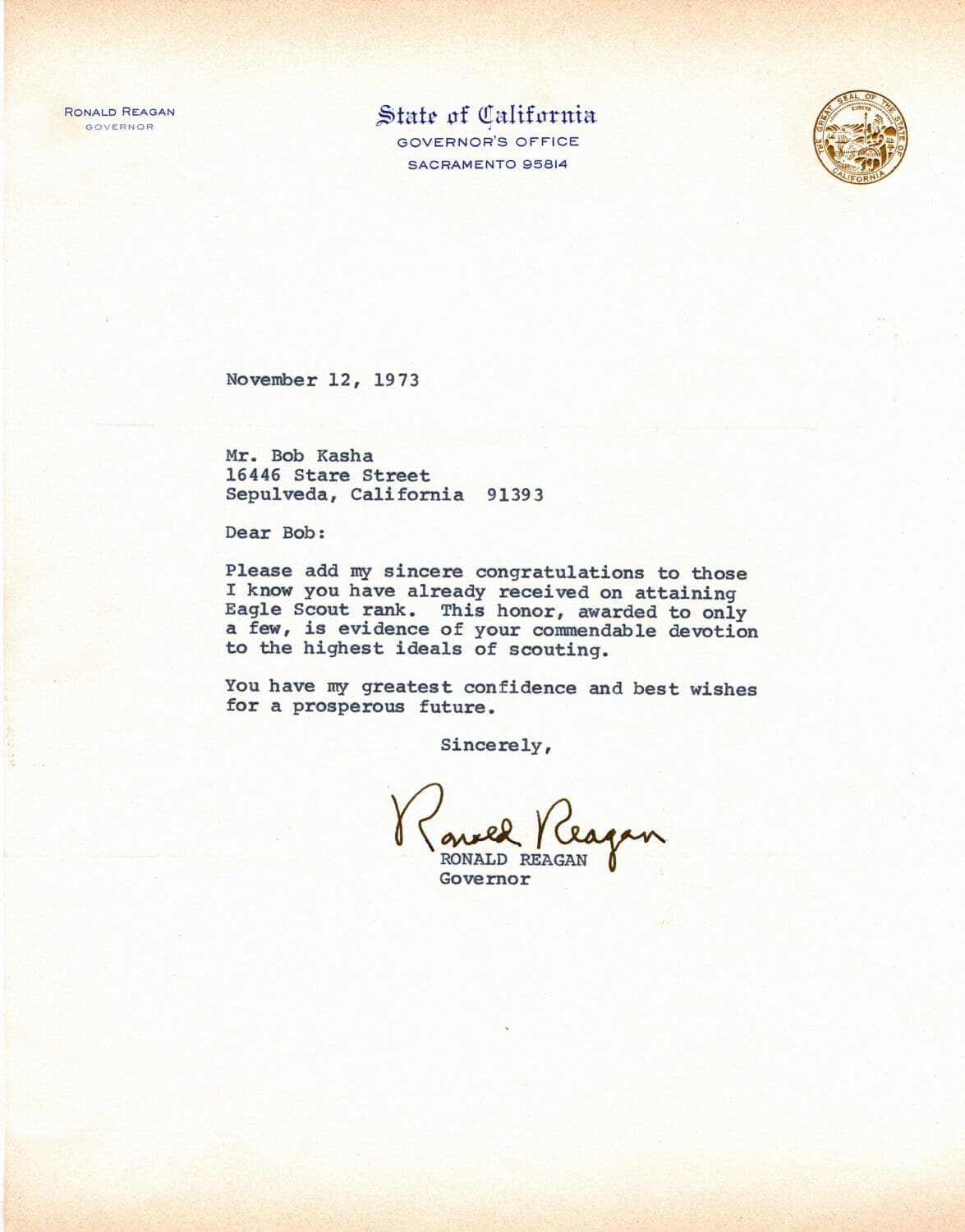 1973 Ronald Reagan Letter | Big Bang Distribution
